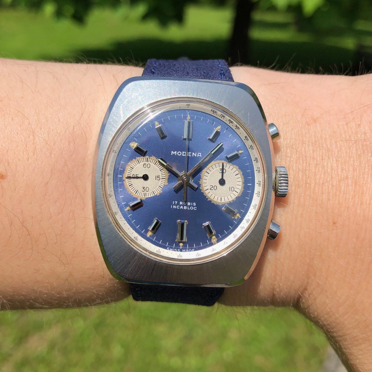 Vintage steel chronograph “Modena” blue dial – Brussels Vintage Watches