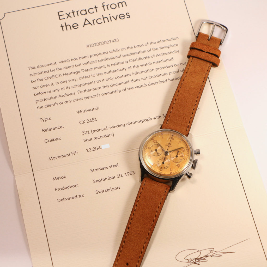 Rare Omega Chronograph ref. 2451 caliber 321 with extract of archives ...
