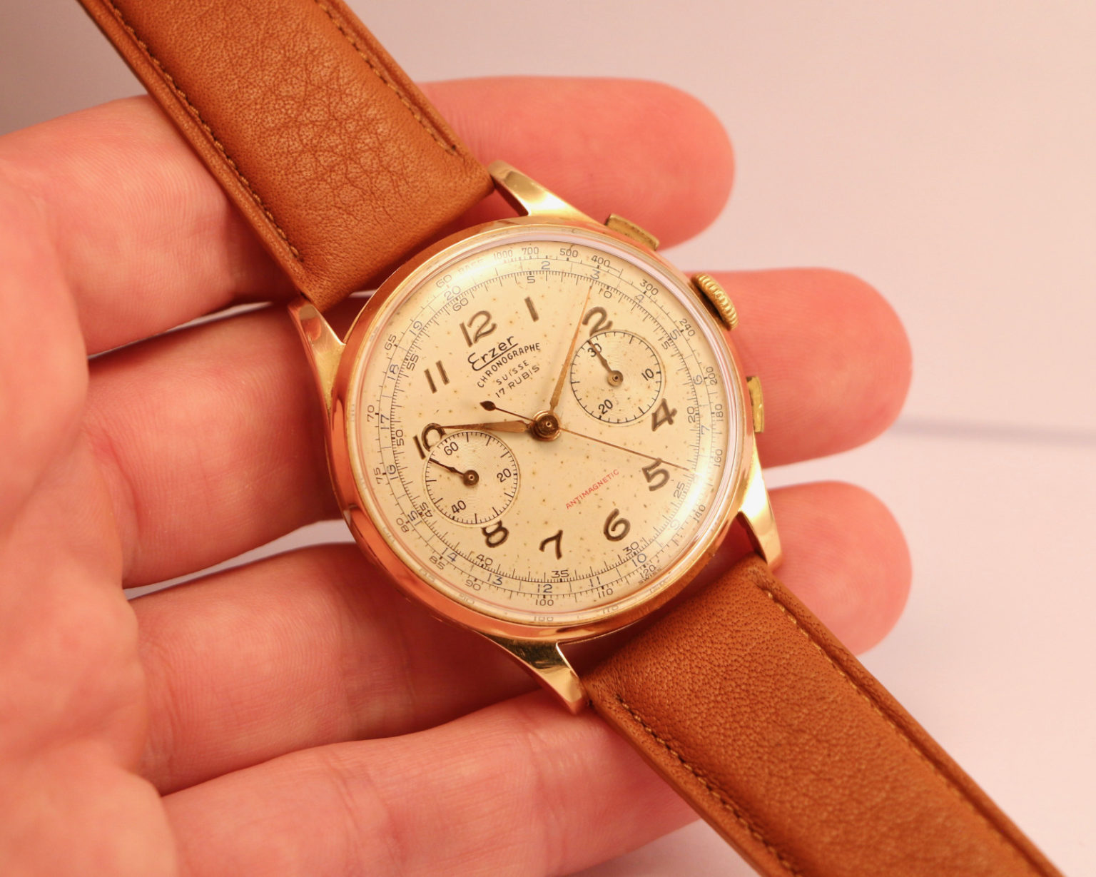 Oversize 18K rose gold Erzer Chronographe Suisse – Brussels Vintage Watches